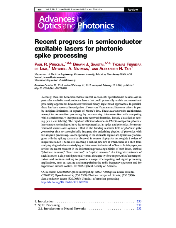 (PDF) Recent progress in semiconductor excitable lasers for photonic spike processing