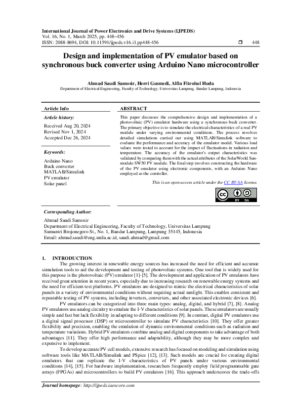 Pdf Design And Implementation Of Pv Emulator Based On Synchronous Buck Converter Using Arduino