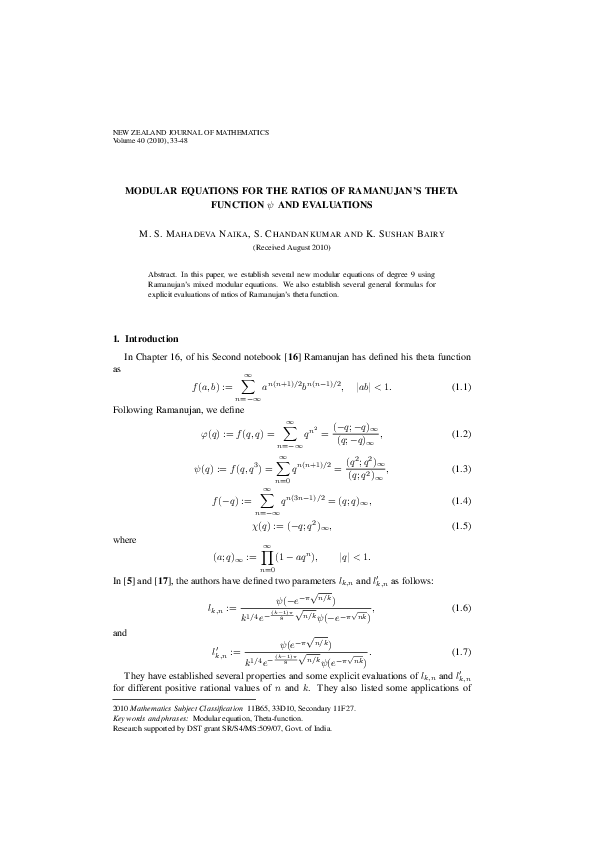 (PDF) Modular equations for the ratios of Ramanujan's theta function ψ ...