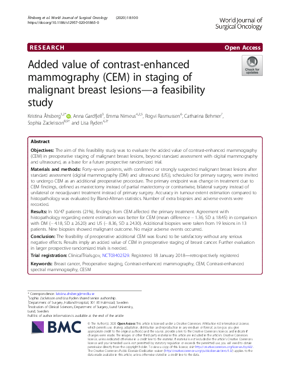(PDF) Added value of contrast-enhanced mammography (CEM) in staging of malignant breast lesions ...