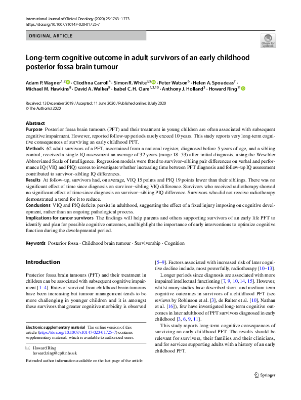 (PDF) Long-term cognitive outcome in adult survivors of an early childhood posterior fossa brain ...