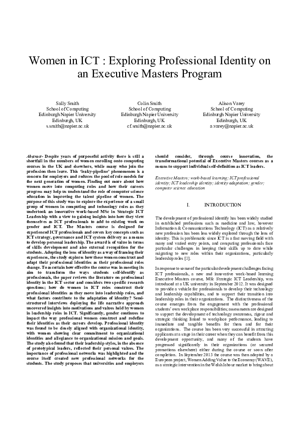 (PDF) Women in ICT : Exploring Professional Identity on an Executive ...