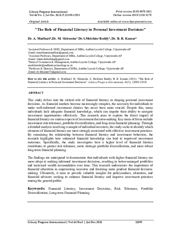 (PDF) "The Role of Financial Literacy in Personal Investment Decisions"