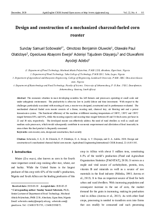 (PDF) Design and construction of a mechanized charcoal-fueled corn roaster