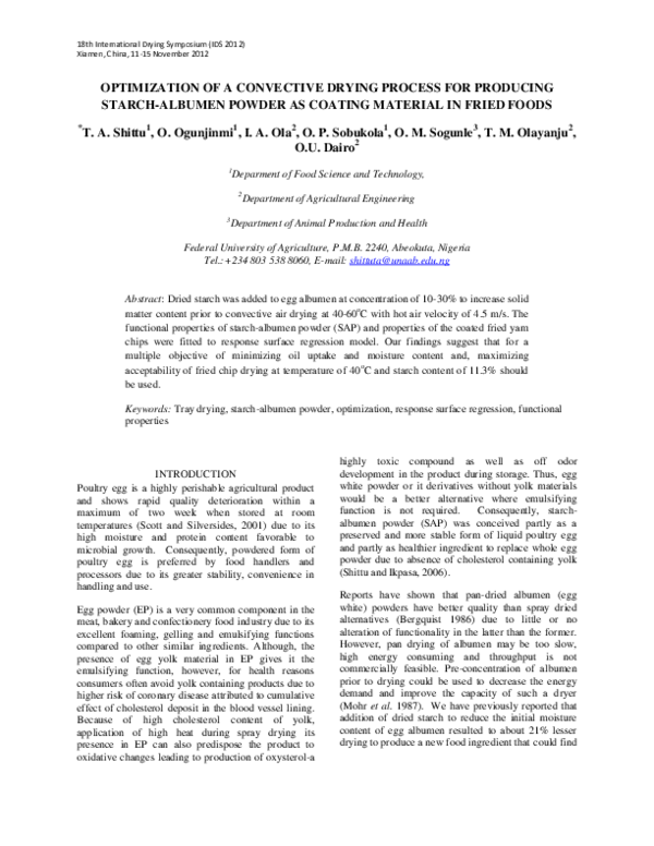 (PDF) Optimization of a Convective Drying Process for Producing Starch-Albumen Powder as Coating ...
