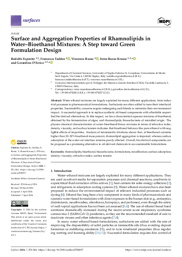 (PDF) Surface and Aggregation Properties of Rhamnolipids in Water ...