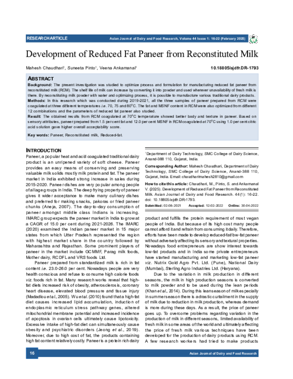 (PDF) Development of Reduced Fat Paneer from Reconstituted Milk