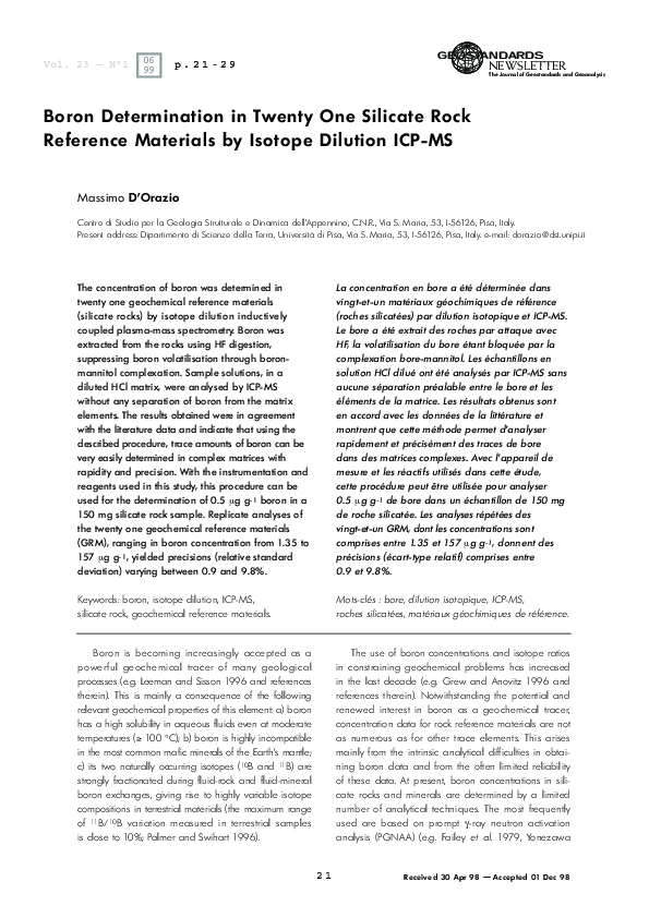 (PDF) Boron Determination in Twenty One Silicate Rock Reference ...