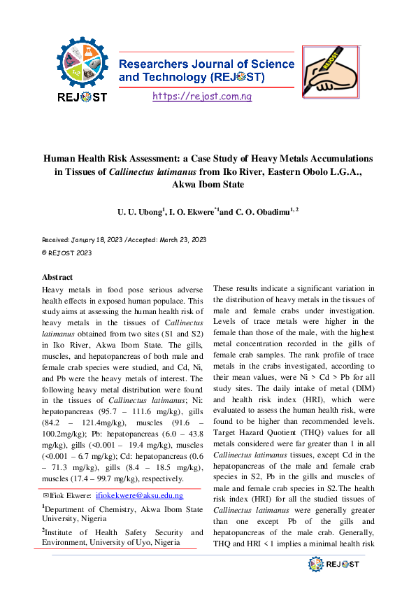 (PDF) Human Health Risk Assessment: a Case Study of Heavy Metals ...