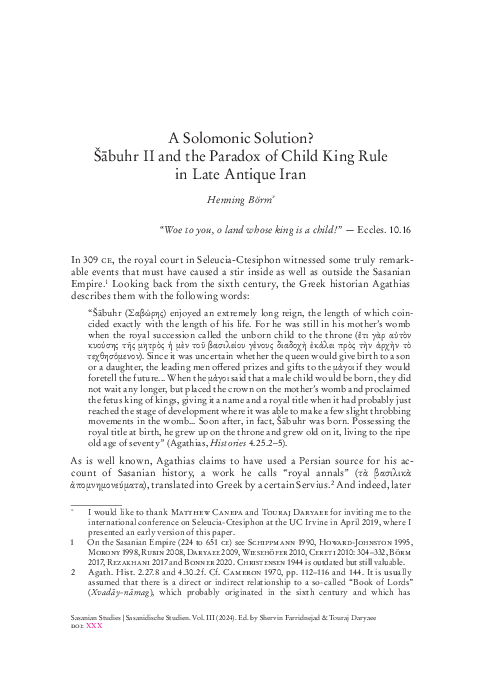 (PDF) A Solomonic Solution? Šābuhr II and the Paradox of Child King Rule in Late Antique Iran ...
