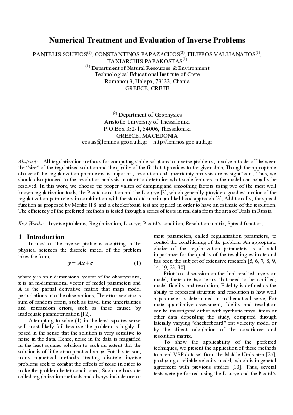 (PDF) Numerical Treatment and Evaluation of Inverse Problems
