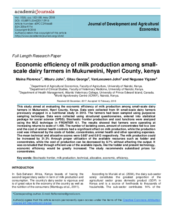 (PDF) Economic efficiency of milk production among small-scale dairy ...