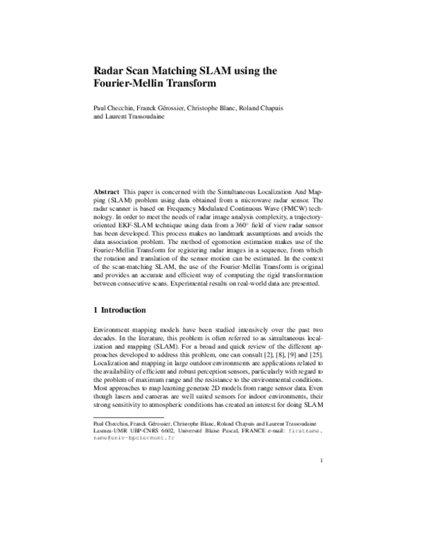 (PDF) Radar Scan Matching SLAM Using the Fourier-Mellin Transform