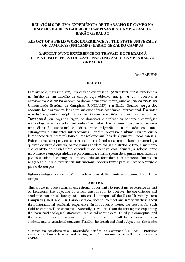 (PDF) RELATÓRIO DE UMA EXPERIÊNCIA DE TRABALHO DE CAMPO NA UNIVERSIDADE ...