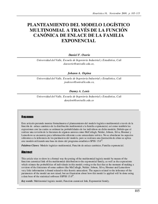 (PDF) Planteamiento Del Modelo Logístico Multinomial a Través De La ...