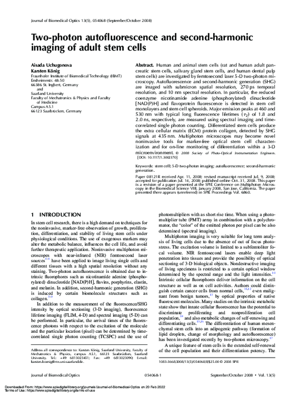 (PDF) Two-photon autofluorescence and second-harmonic imaging of adult stem cells