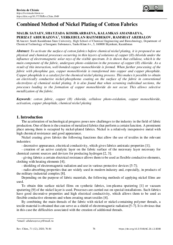 (PDF) Combined method of nickel plating of cotton fabrics