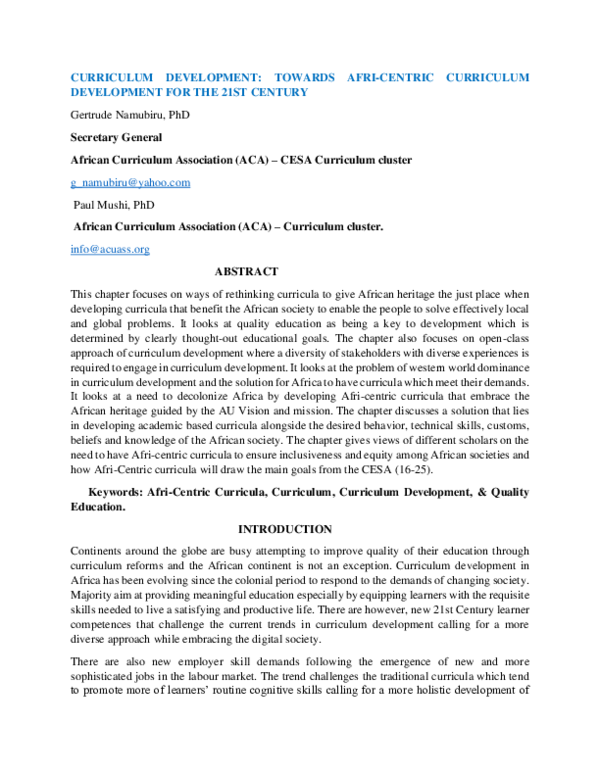 (PDF) CURRICULUM DEVELOPMENT: TOWARDS AFRI-CENTRIC CURRICULUM ...