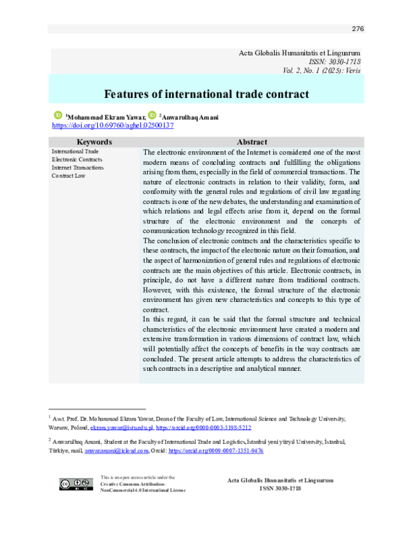 (PDF) Features of international trade contract