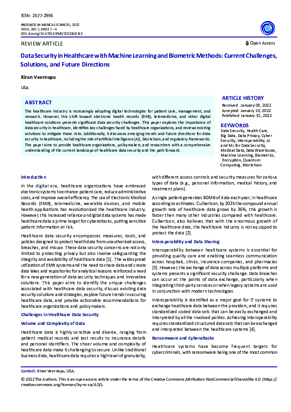 (PDF) Data Security in Healthcare with Machine Learning and Biometric Methods: Current ...