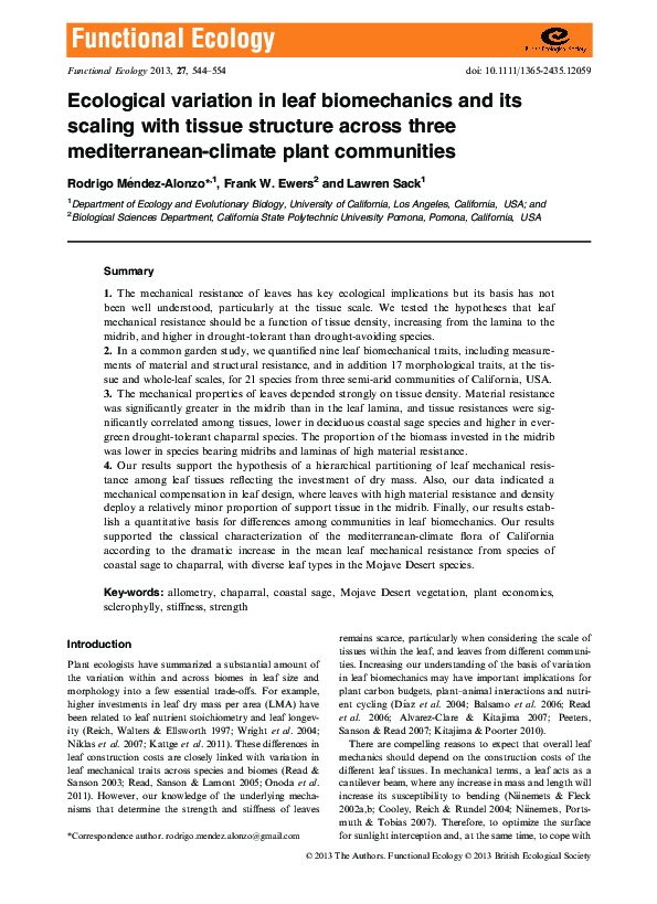 (PDF) Ecological variation in leaf biomechanics and its scaling with ...