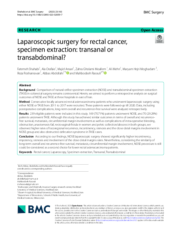(PDF) Laparoscopic surgery for rectal cancer, specimen extraction: transanal or transabdominal?