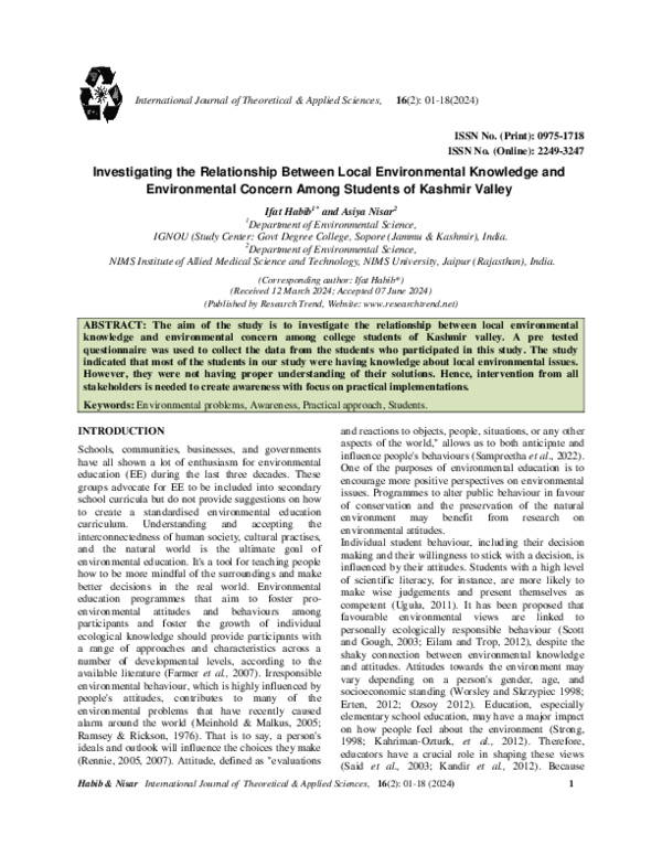 (PDF) Investigating the Relationship Between Local Environmental Knowledge and Environmental ...