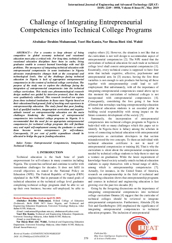 (PDF) Challenge of Integrating Entrepreneurial Competencies into Technical College Programs