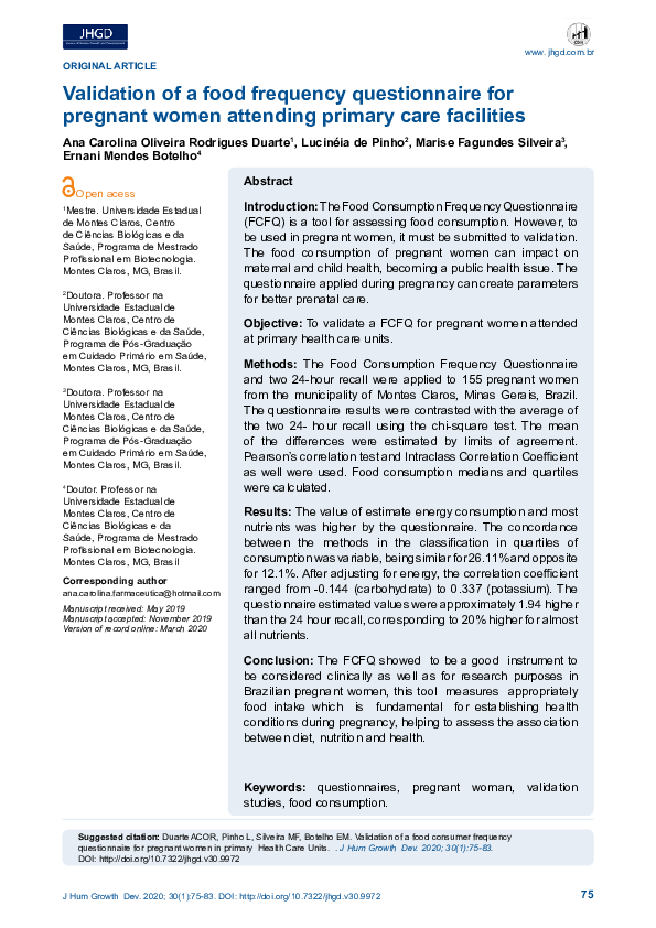 (PDF) Validation of a food consumer frequency questionnaire for pregnant women in primary Health ...