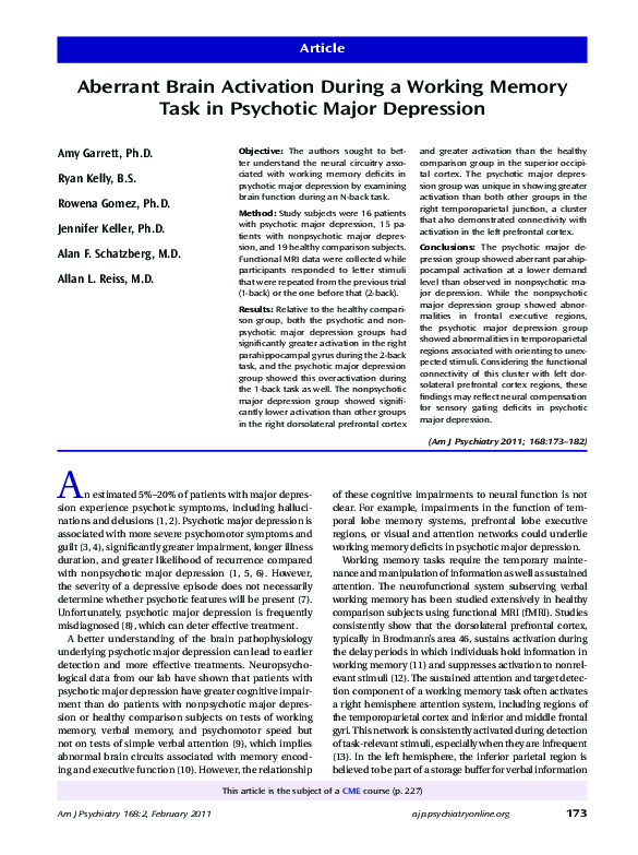 (PDF) Aberrant Brain Activation During a Working Memory Task in Psychotic Major Depression
