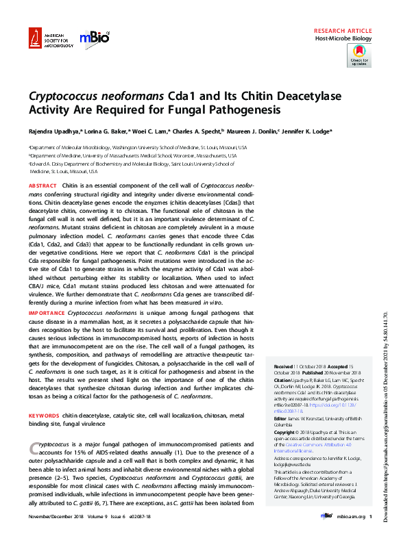 (PDF) Cryptococcus neoformans Cda1 and Its Chitin Deacetylase Activity ...