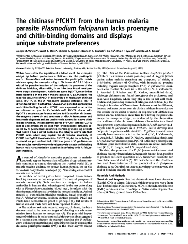 (PDF) The chitinase PfCHT1 from the human malaria parasite Plasmodium ...