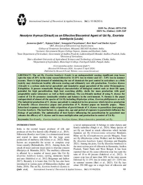 (PDF) Nesolynx thymus (Girault) as an Effective Biocontrol Agent of Uzi ...