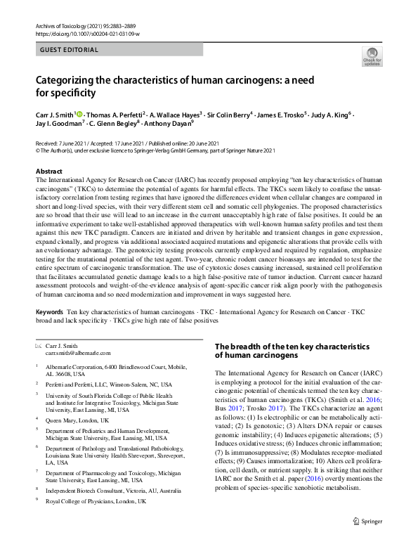 (PDF) Categorizing the characteristics of human carcinogens: a need for specificity