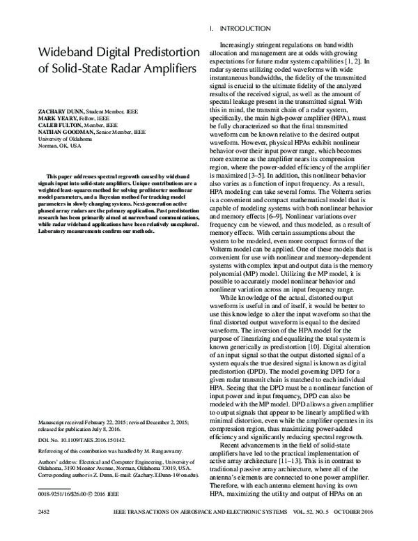 (PDF) Wideband digital predistortion of solid-state radar amplifiers