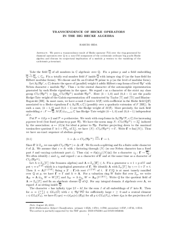 (PDF) Transcendence of Hecke operators in the big Hecke algebra