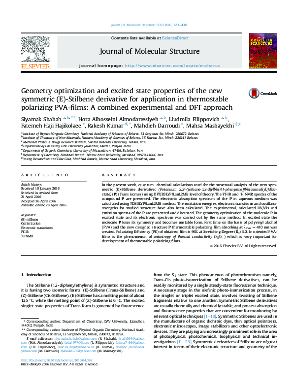 (PDF) Geometry optimization and excited state properties of the new ...