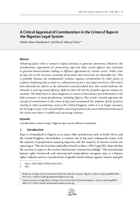 (PDF) A Critical Appraisal of Corroboration in the Crime of Rape in the Nigerian Legal System