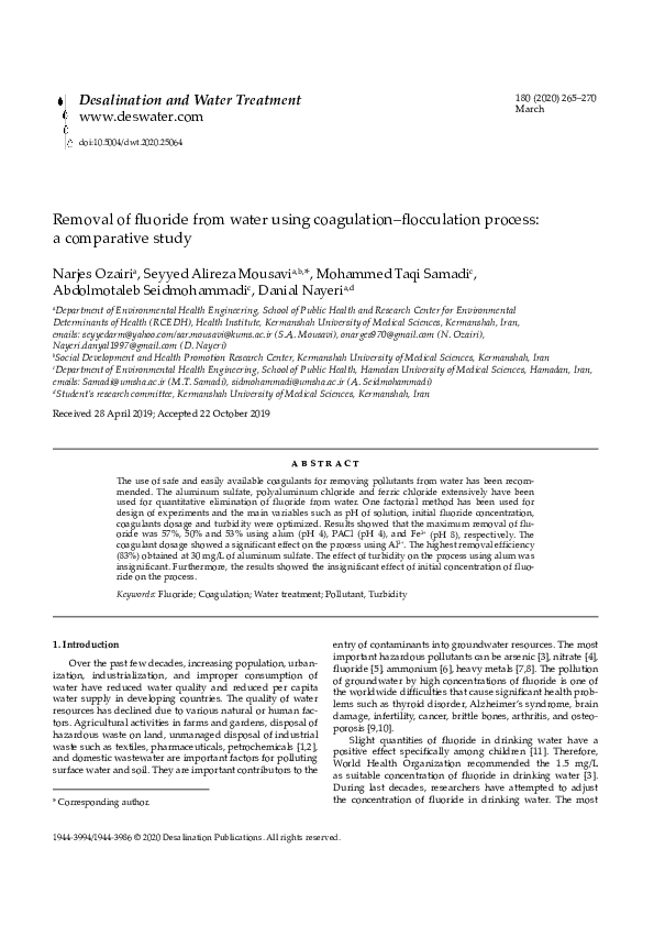 (PDF) Removal of fluoride from water using coagulation-flocculation process: a comparative study