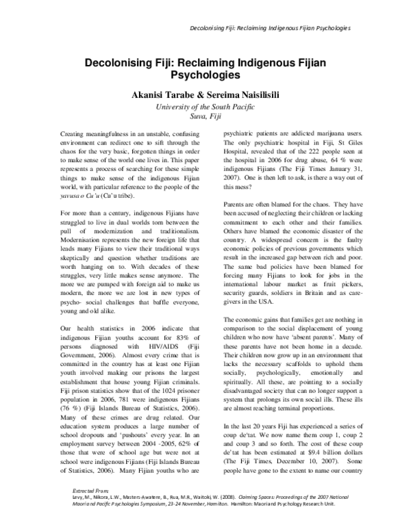 (PDF) Decolonising Fiji: Reclaiming indigenous Fijian psychologies