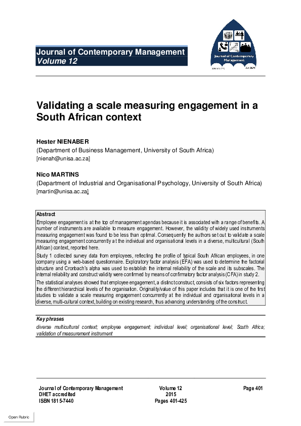 (PDF) Validating a scale measuring engagement in a South African context