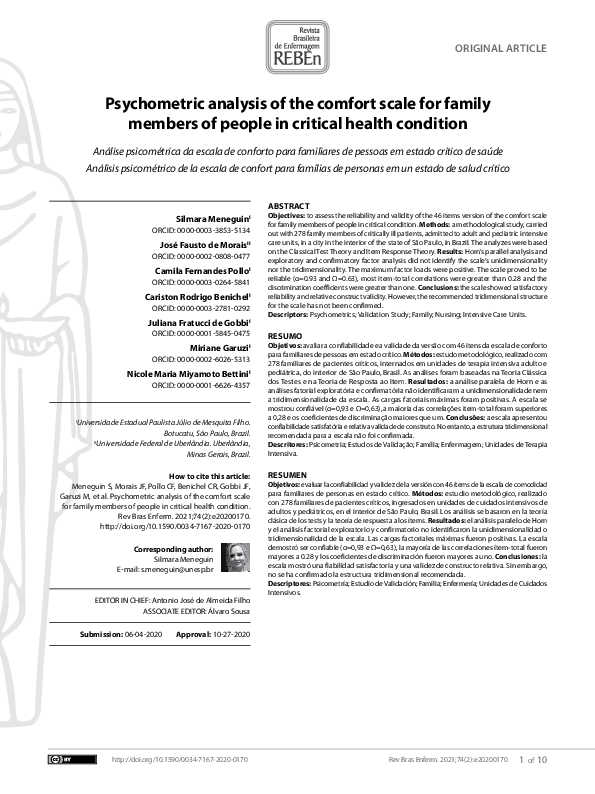 (PDF) Psychometric analysis of the comfort scale for family members of ...
