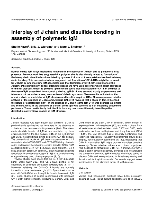 (PDF) Interplay of J chain and disulfide bonding in assembly of ...