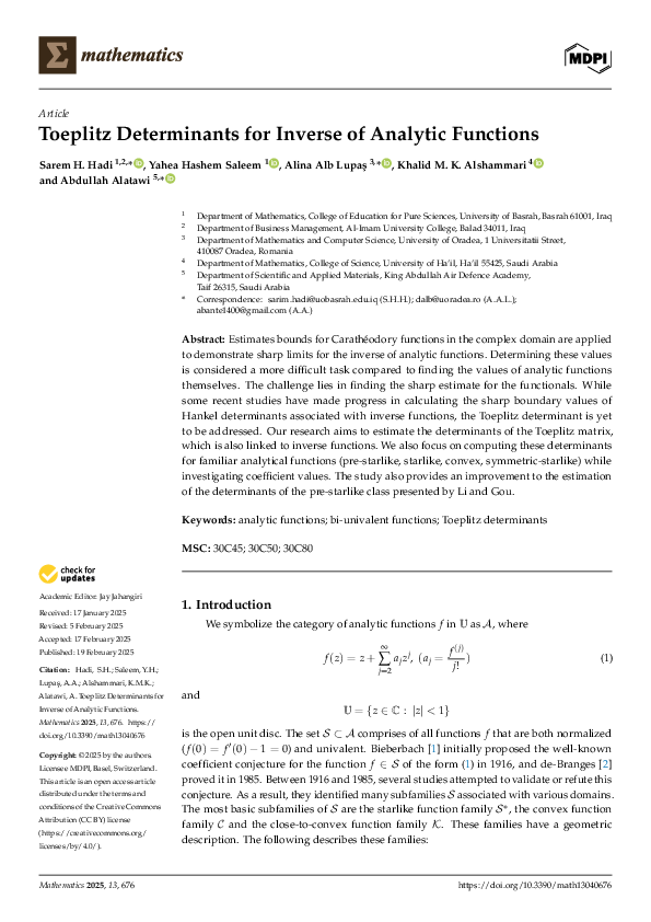 (PDF) Toeplitz Determinants for Inverse of Analytic Functions