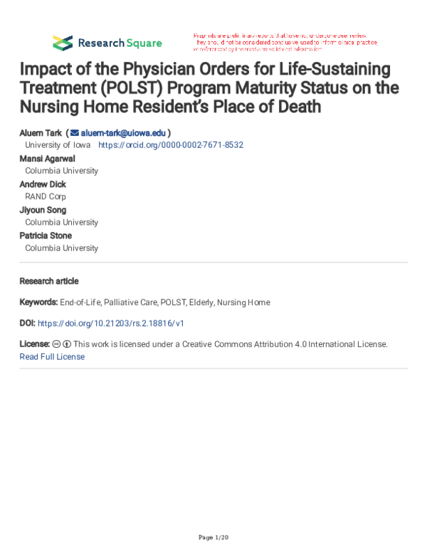 Impact of the Physician Orders for Life-Sustaining Treatment (POLST ...