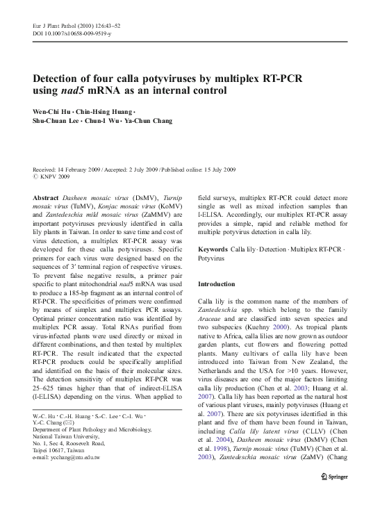 (PDF) Detection of four calla potyviruses by multiplex RT-PCR using ...
