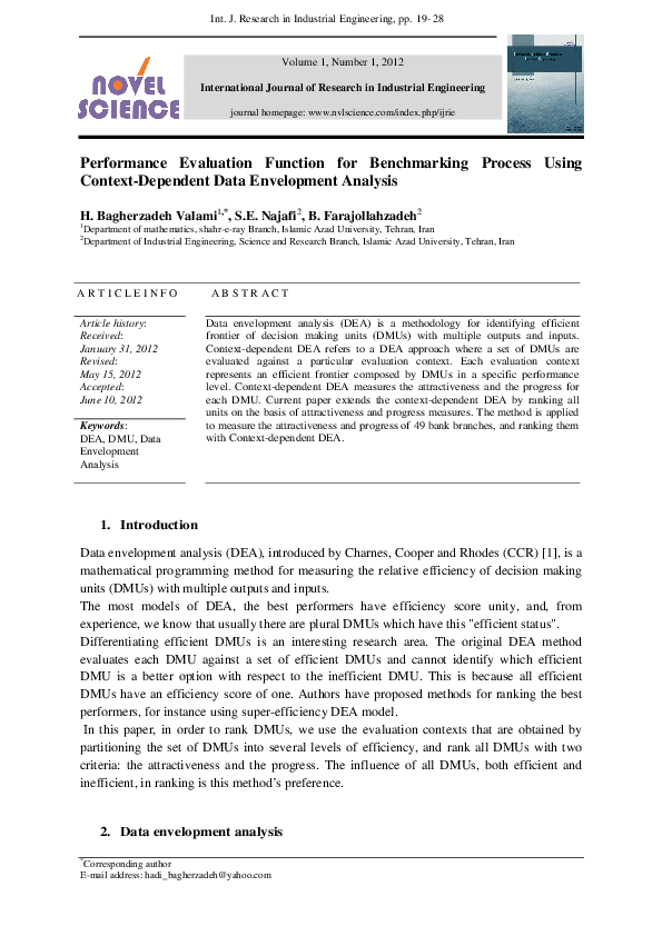 (PDF) Performance Evaluation Function for Benchmarking Process Using Context-Dependent Data ...