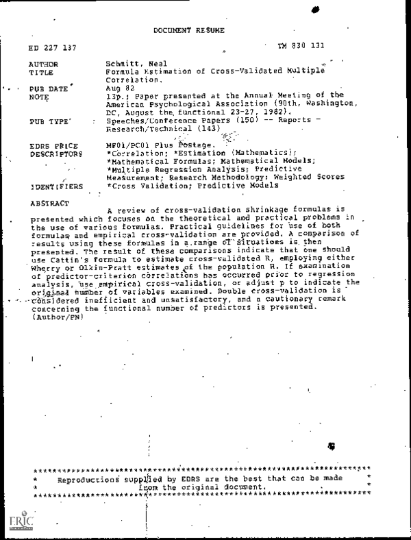 Pdf Formula Estimation Of Cross Validated Multiple Correlation
