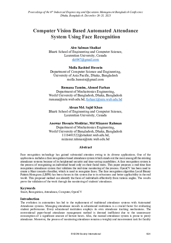 (PDF) Computer Vision Based Automated Attendance System Using Face Recognition