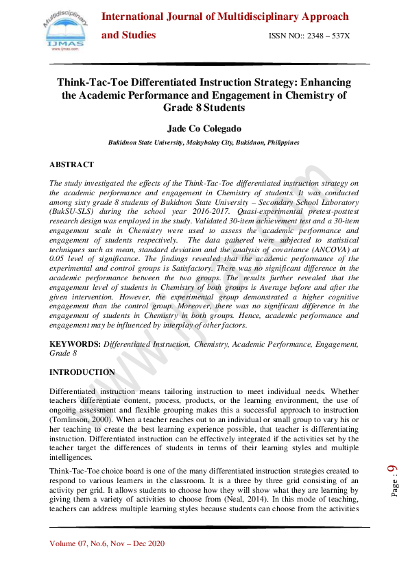 (PDF) Think-Tac-Toe Differentiated Instruction Strategy: Enhancing the ...